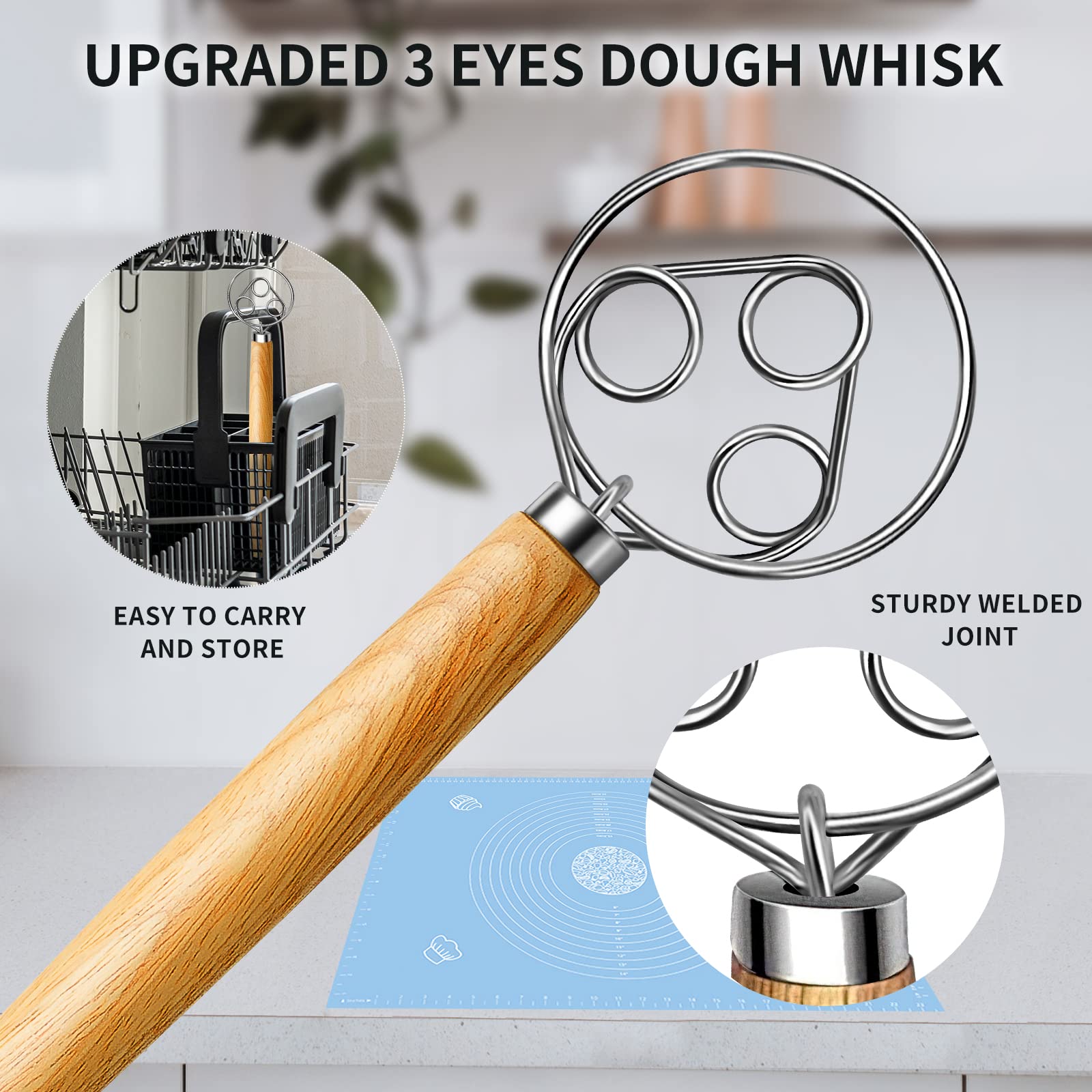 TEEVEA Danish Dough Whisk Stainless Steel Hook Dutch Style Bread Dough Hand Mixer Wooden Handle for Sourdough Making Baking Whisking Tools and Supplies