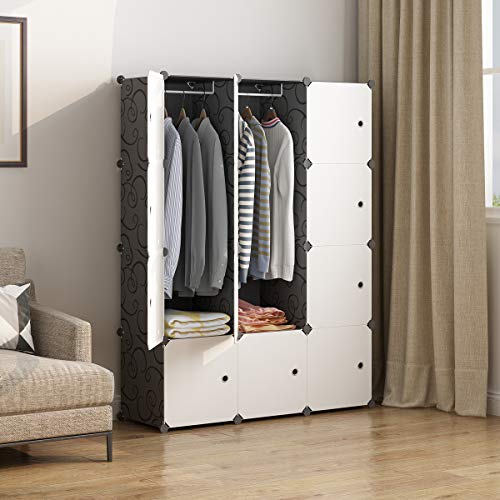 KOUSI Portable Wardrobe Closets 14"x18" Depth Cube Storage, Bedroom Armoire, Storage Organizer with Doors, 12 Cubes, Black