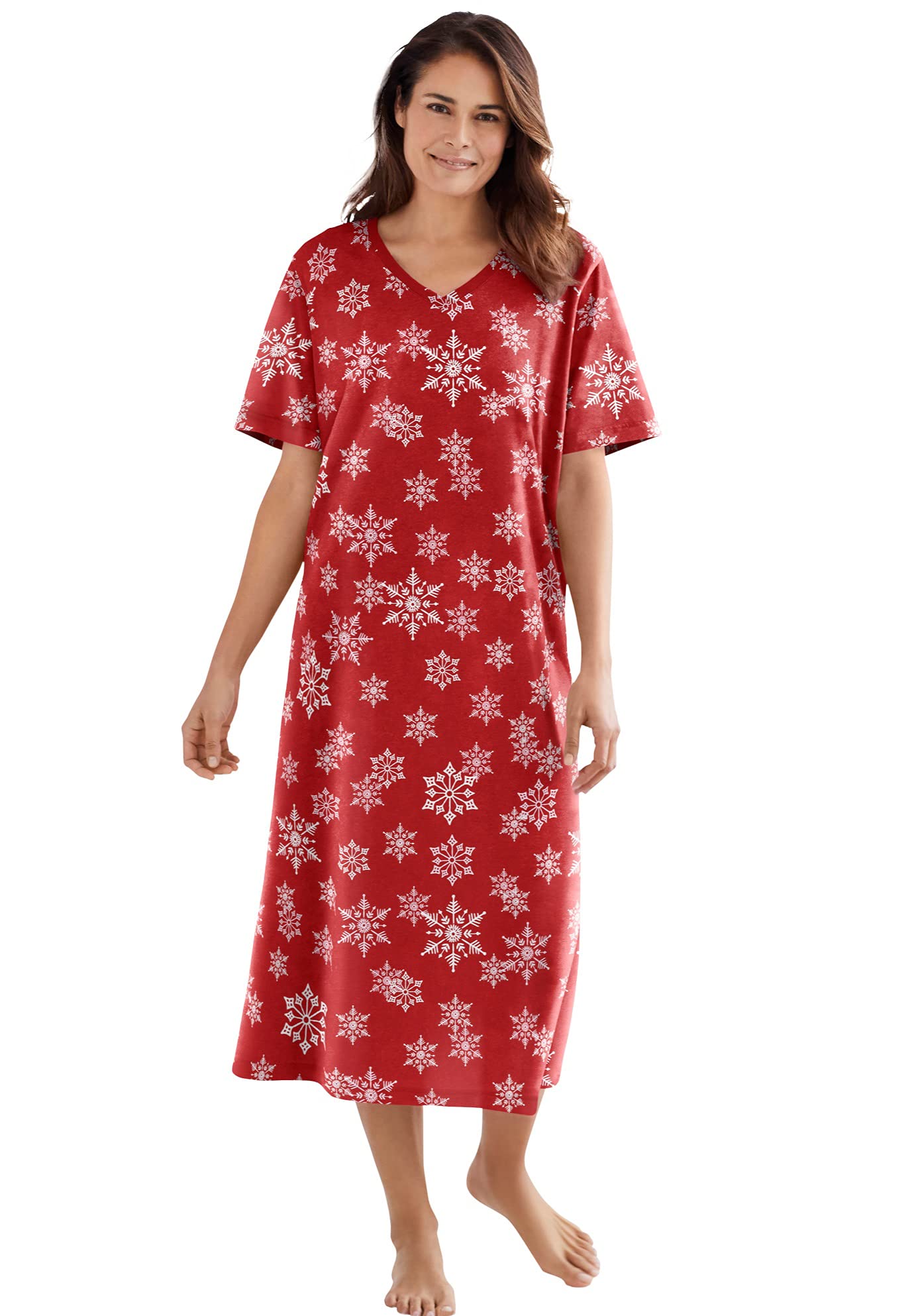 Dreams & Co. Women's Plus Size Long Print Sleepshirt - 3X/4X, Classic Red Winter Snow
