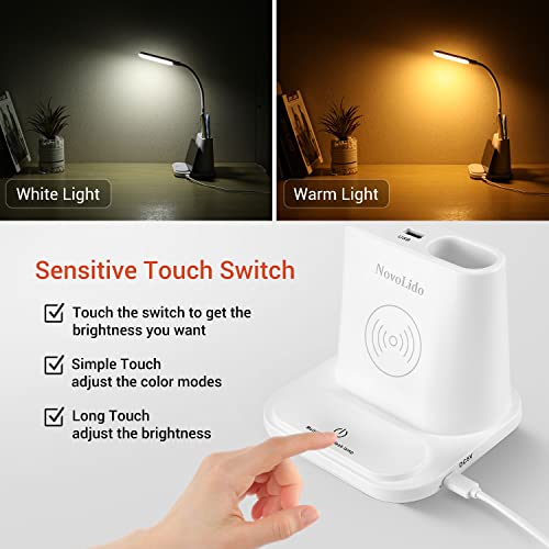 NovoLido LED Desk Lamp with Wireless Charger, Small Desk Light with 10W Quick Adapter, USB Charging Port, Pen Holder, Small Flexible Portable Lamp for Kids, Home, Office, Dorm, Bedside