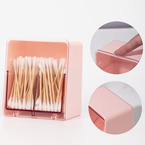 Obsoorth Qtip Cotton Pad Holder Dispenser Clear Cotton Ball and Swab Organizer Plastic Cotton Round Container Set with Hinged Lid Press Out for Home Bathroom Storage Small Things, 2 Sections (Pink)