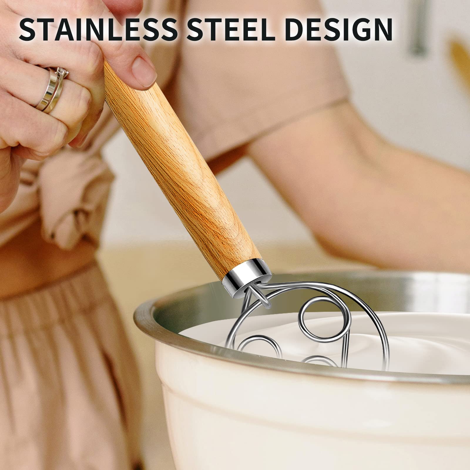 TEEVEA Danish Dough Whisk Stainless Steel Hook Dutch Style Bread Dough Hand Mixer Wooden Handle for Sourdough Making Baking Whisking Tools and Supplies