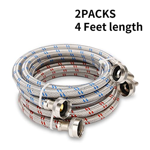 Roastove 4 feet Premium Stainless Steel Washing Machine Hoses with 90 Degree Elbow,Burst Proof,Hot and Cold Water Connection Inlet Supply Lines for Washer,Washing Machines,Washer Machines(2-Pack)