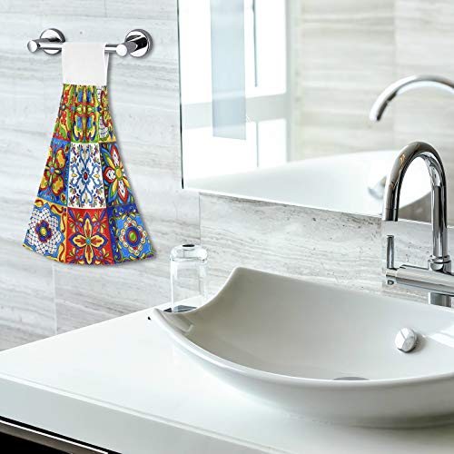 Qilmy Mexican Talavera Ceramic Tile Kitchen Towels, 2PCS Super Soft Absorbent Hanging Hang Towels or Dishcloths, Bathroom Hand Towels 12x17Inches