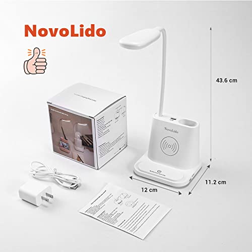 NovoLido LED Desk Lamp with Wireless Charger, Small Desk Light with 10W Quick Adapter, USB Charging Port, Pen Holder, Small Flexible Portable Lamp for Kids, Home, Office, Dorm, Bedside