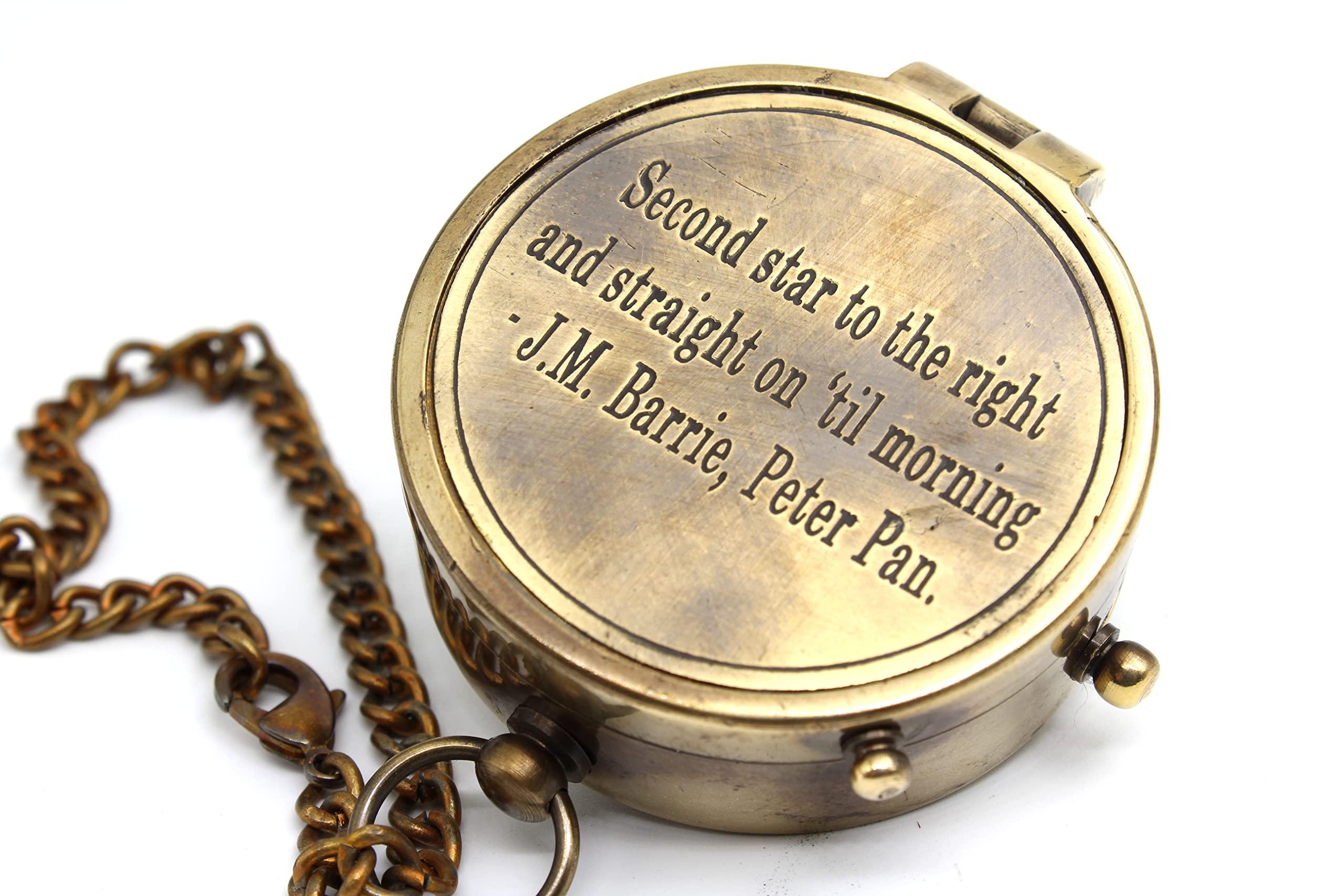 Second Star to The Right J. M. Barrie, Peter Pan Engraved Brass Compass for Anniversary, Birthday, Graduation Day, Confirmation Gift, Valentine Gift Parting Gift with Wooden Case.