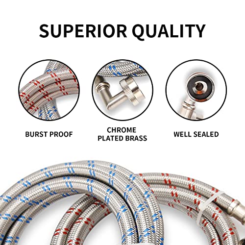 Roastove 4 feet Premium Stainless Steel Washing Machine Hoses with 90 Degree Elbow,Burst Proof,Hot and Cold Water Connection Inlet Supply Lines for Washer,Washing Machines,Washer Machines(2-Pack)