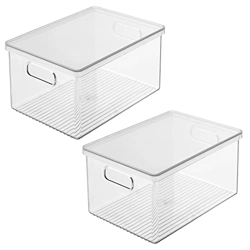 mDesign Plastic Storage Bin Box Container, Lid, Built-in Handles, Organization for Makeup, Hair Styling Tools, Accessories in Bathroom Cabinet, Cupboard Shelves, Ligne Collection, 2 Pack, Clear/Clear