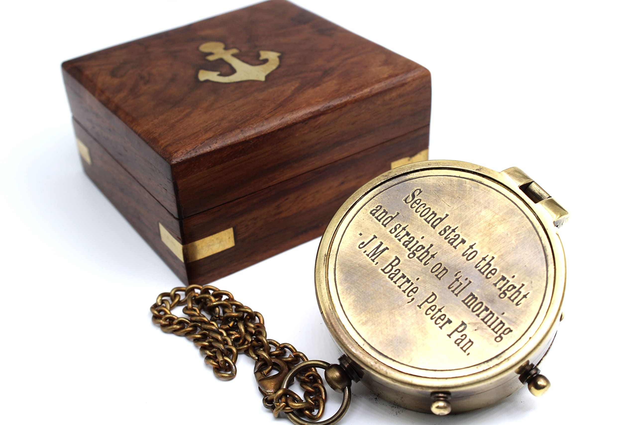 Second Star to The Right J. M. Barrie, Peter Pan Engraved Brass Compass for Anniversary, Birthday, Graduation Day, Confirmation Gift, Valentine Gift Parting Gift with Wooden Case.
