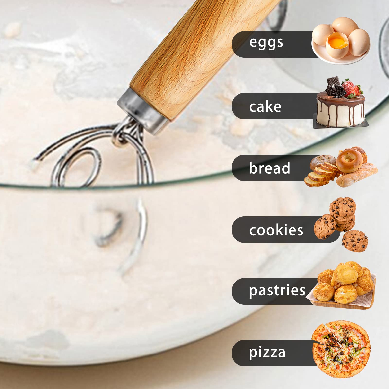 TEEVEA Danish Dough Whisk Stainless Steel Hook Dutch Style Bread Dough Hand Mixer Wooden Handle for Sourdough Making Baking Whisking Tools and Supplies