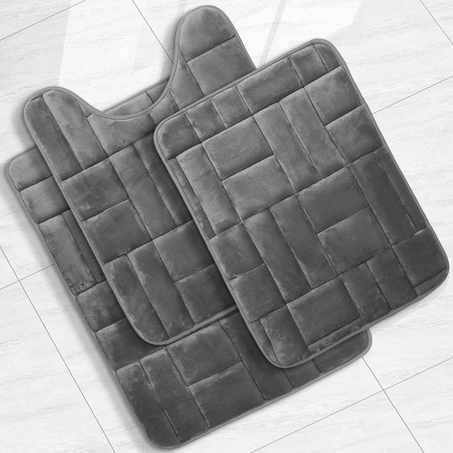 Clara Clark Bathroom Rugs, Velvet Memory Foam Bath Mat, Non-Slip Bath Rugs, Machine Wash, Dries Quickly, Ultra Soft Plush Bath Mats for Bathroom, Tiled - Gray