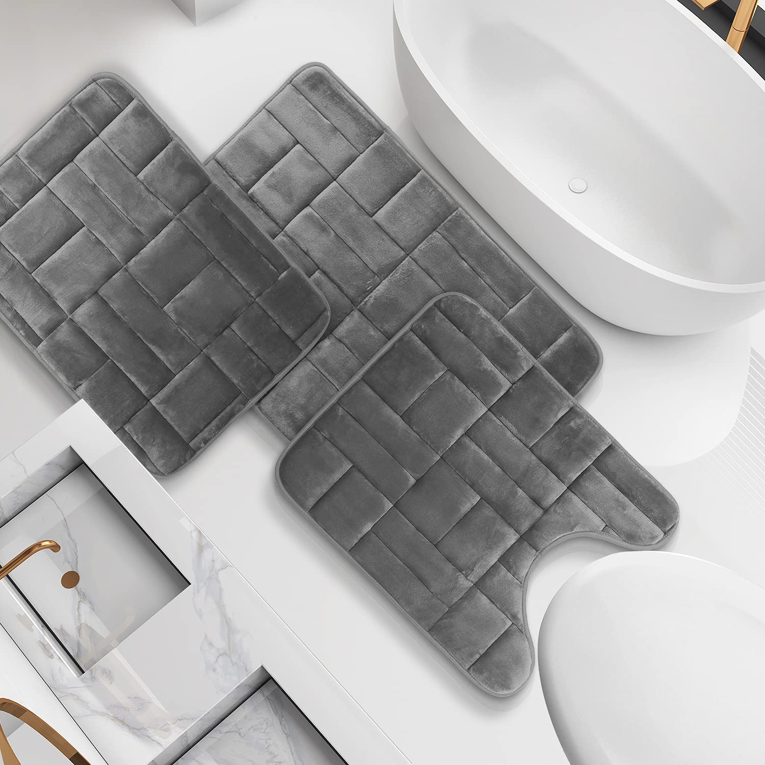 Clara Clark Bathroom Rugs, Velvet Memory Foam Bath Mat, Non-Slip Bath Rugs, Machine Wash, Dries Quickly, Ultra Soft Plush Bath Mats for Bathroom, Tiled - Gray