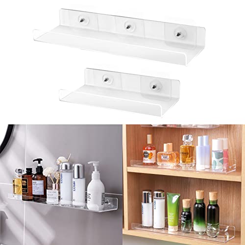 jomgeroz Acrylic Bathroom Shelves Wall Mounted Shower Shelve No Drilling Adhesive Thick Clear Storage & Display Shelves Bathroom Small Wall Shelf with Hooks