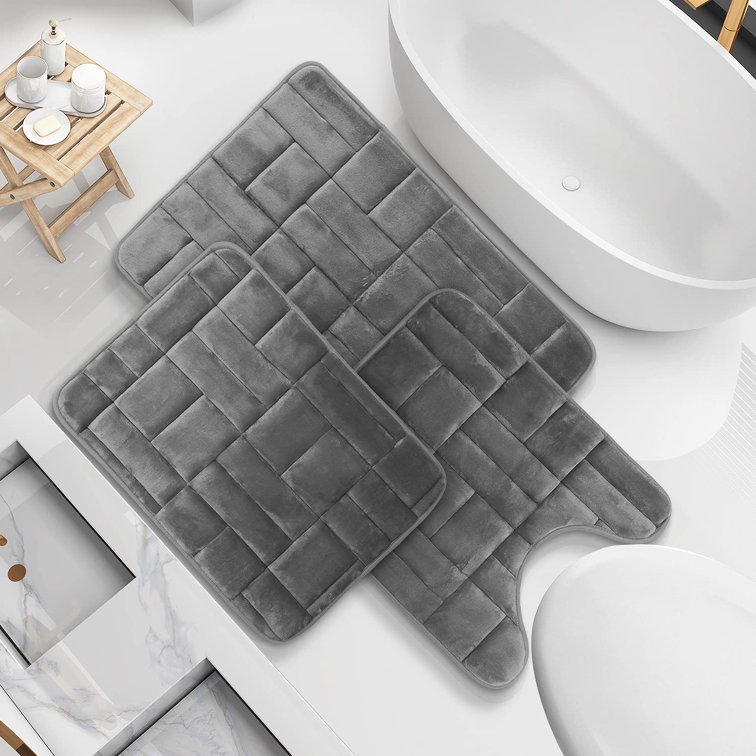 Clara Clark Bathroom Rugs, Velvet Memory Foam Bath Mat, Non-Slip Bath Rugs, Machine Wash, Dries Quickly, Ultra Soft Plush Bath Mats for Bathroom, Tiled - Gray
