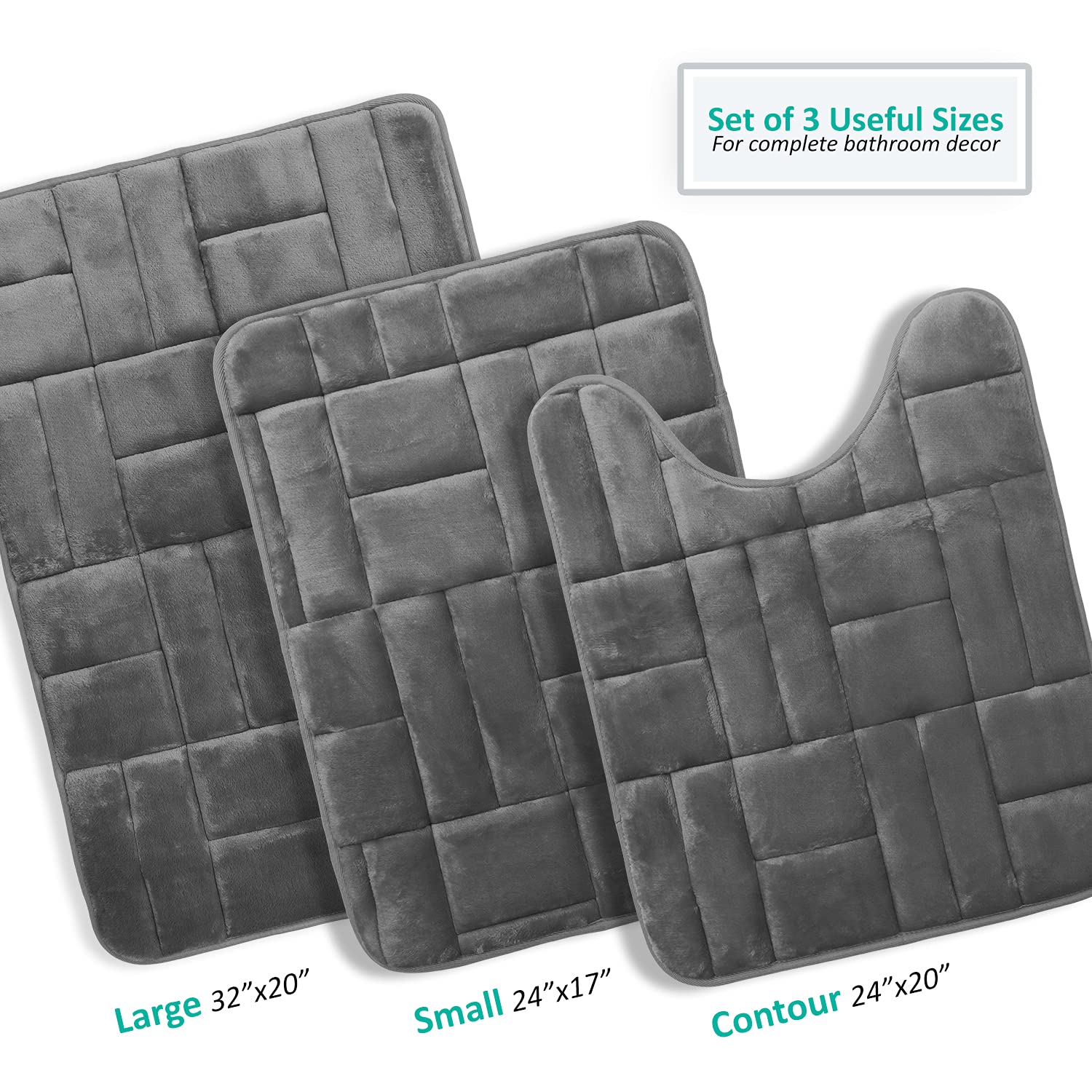 Clara Clark Bathroom Rugs, Velvet Memory Foam Bath Mat, Non-Slip Bath Rugs, Machine Wash, Dries Quickly, Ultra Soft Plush Bath Mats for Bathroom, Tiled - Gray