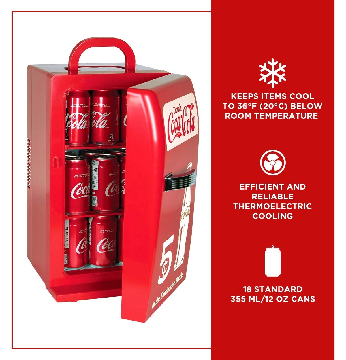 Coca-Cola Retro 18 Can Mini Fridge w/ 12V DC and 110V AC Cords, 22L (23 qt), Portable Cooler, Red, Travel Fridge for Drinks, Snacks, Lunch, Home, Office, Dorm Room, RV