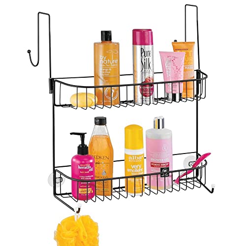 mDesign Extra Wide Metal Wire Over the Bathroom Shower Door Caddy, Hanging Storage Organizer with Built-In Hooks and Baskets on 2 Levels for Shampoo, Body Wash, Loofahs, Rust Resistant - Matte Black