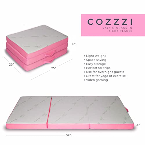 Cozzzi Folding Mattress - Trifold Foam Mattress Topper with Removable Cover -Lightweight and Portable Sleeping Mat - Pink - 25"