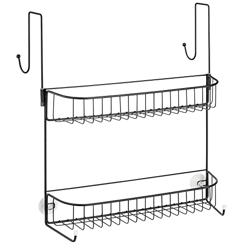 mDesign Extra Wide Metal Wire Over the Bathroom Shower Door Caddy, Hanging Storage Organizer with Built-In Hooks and Baskets on 2 Levels for Shampoo, Body Wash, Loofahs, Rust Resistant - Matte Black