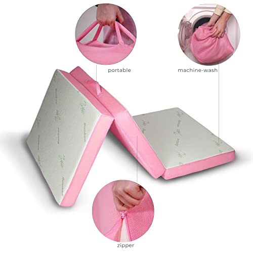 Cozzzi Folding Mattress - Trifold Foam Mattress Topper with Removable Cover -Lightweight and Portable Sleeping Mat - Pink - 25"