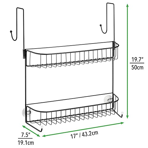 mDesign Extra Wide Metal Wire Over the Bathroom Shower Door Caddy, Hanging Storage Organizer with Built-In Hooks and Baskets on 2 Levels for Shampoo, Body Wash, Loofahs, Rust Resistant - Matte Black