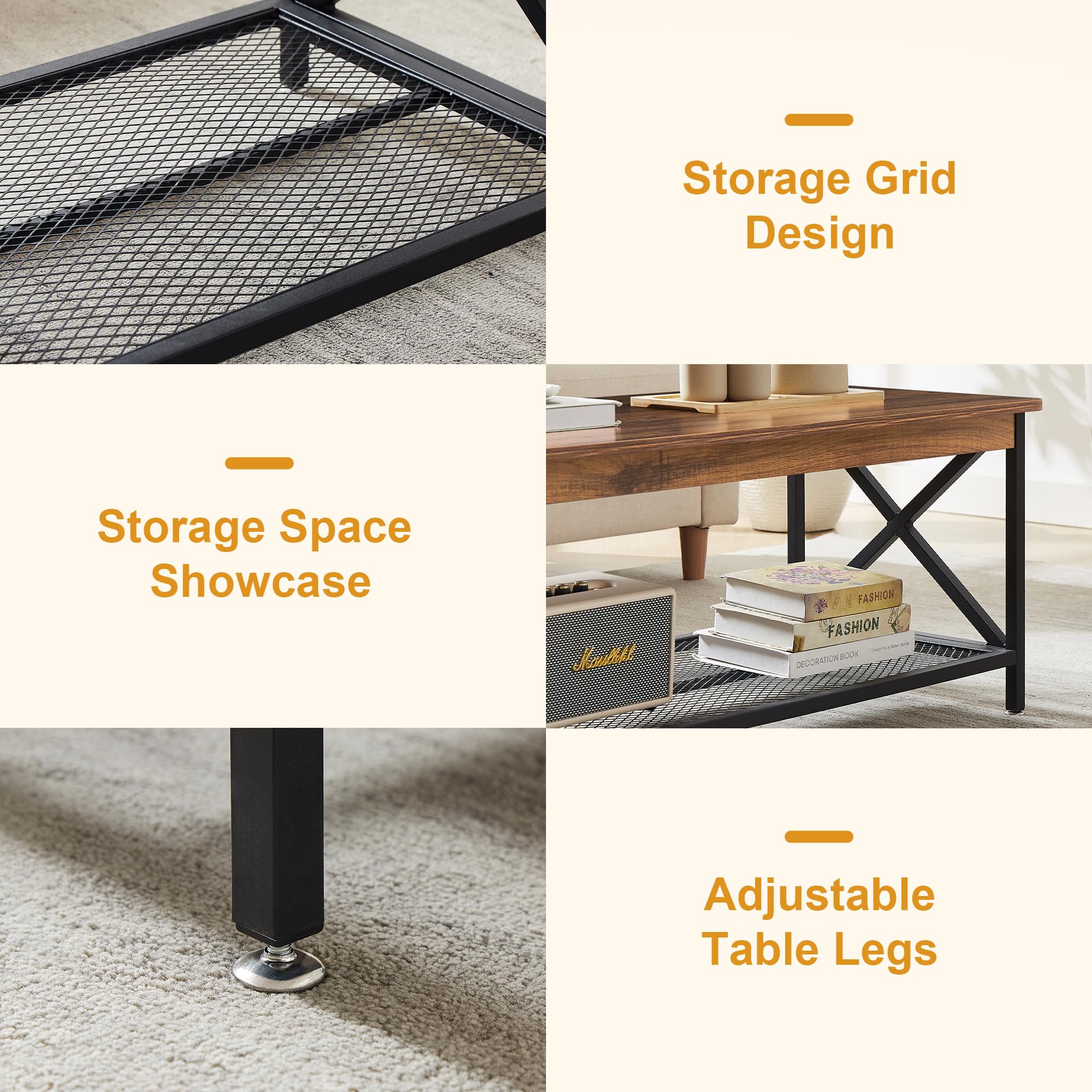 VECELO Coffee Table with 2-Tier Storage Shelf X-Frame for Living Room Office Industrial Style, Easy Assembly, Brown