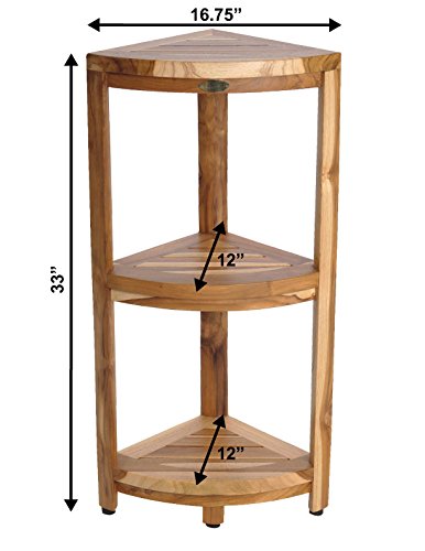 EcoDecors Snazzy Corner Teak Shower Corner Shelf 33" Radius 18β Tall Natural Wood Corner Shower Seat Spa Bench with Shelf Corner Stool for Shower in Earthy Teak Finish