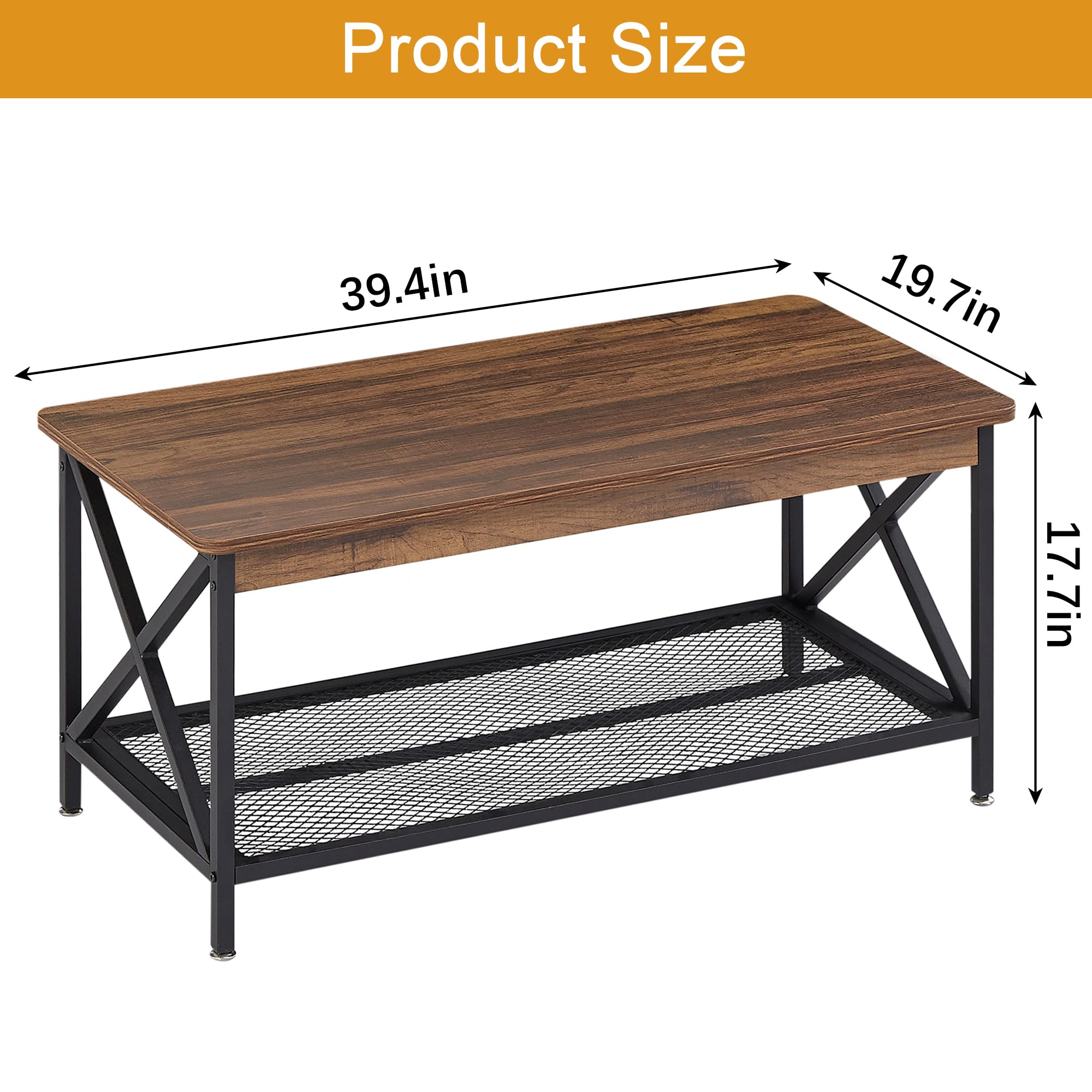 VECELO Coffee Table with 2-Tier Storage Shelf X-Frame for Living Room Office Industrial Style, Easy Assembly, Brown