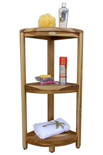 EcoDecors Snazzy Corner Teak Shower Corner Shelf 33" Radius 18β Tall Natural Wood Corner Shower Seat Spa Bench with Shelf Corner Stool for Shower in Earthy Teak Finish
