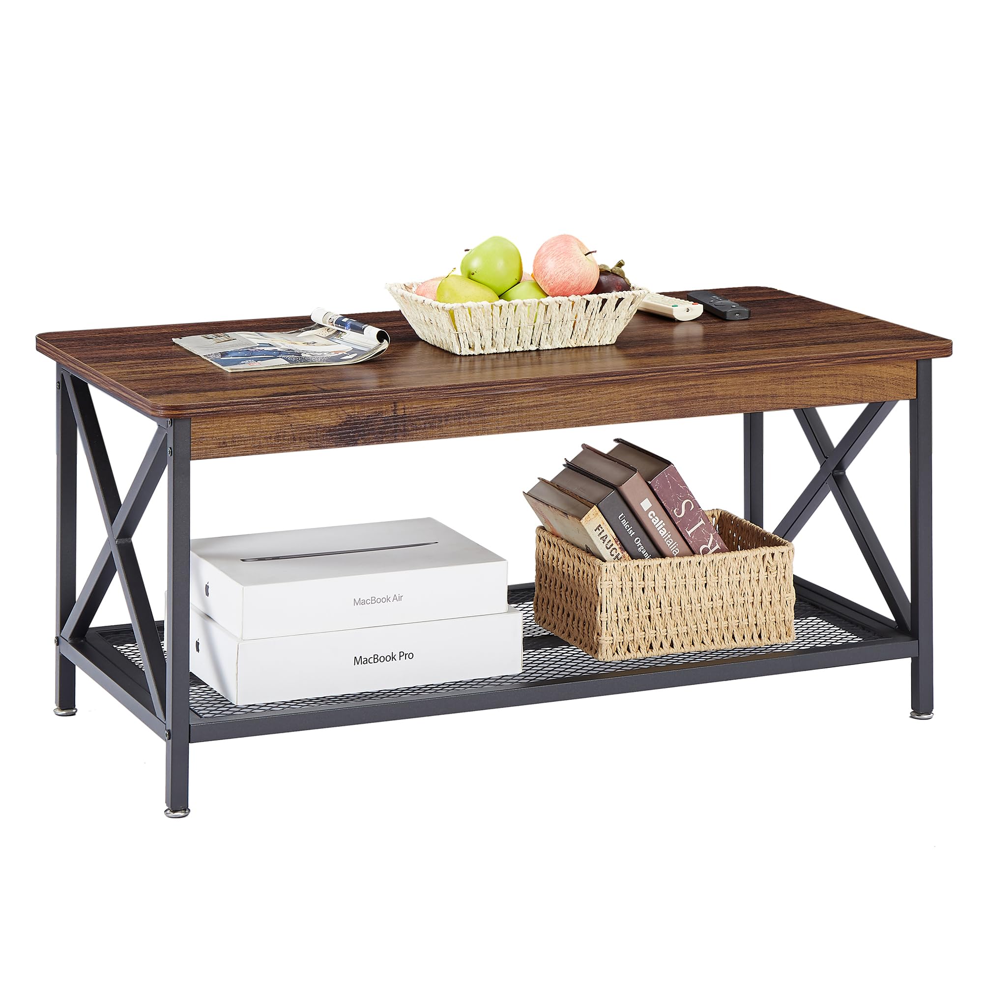 VECELO Coffee Table with 2-Tier Storage Shelf X-Frame for Living Room Office Industrial Style, Easy Assembly, Brown