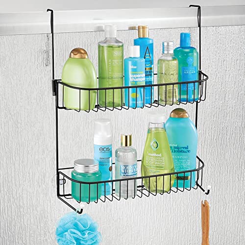 mDesign Extra Wide Metal Wire Over the Bathroom Shower Door Caddy, Hanging Storage Organizer with Built-In Hooks and Baskets on 2 Levels for Shampoo, Body Wash, Loofahs, Rust Resistant - Matte Black