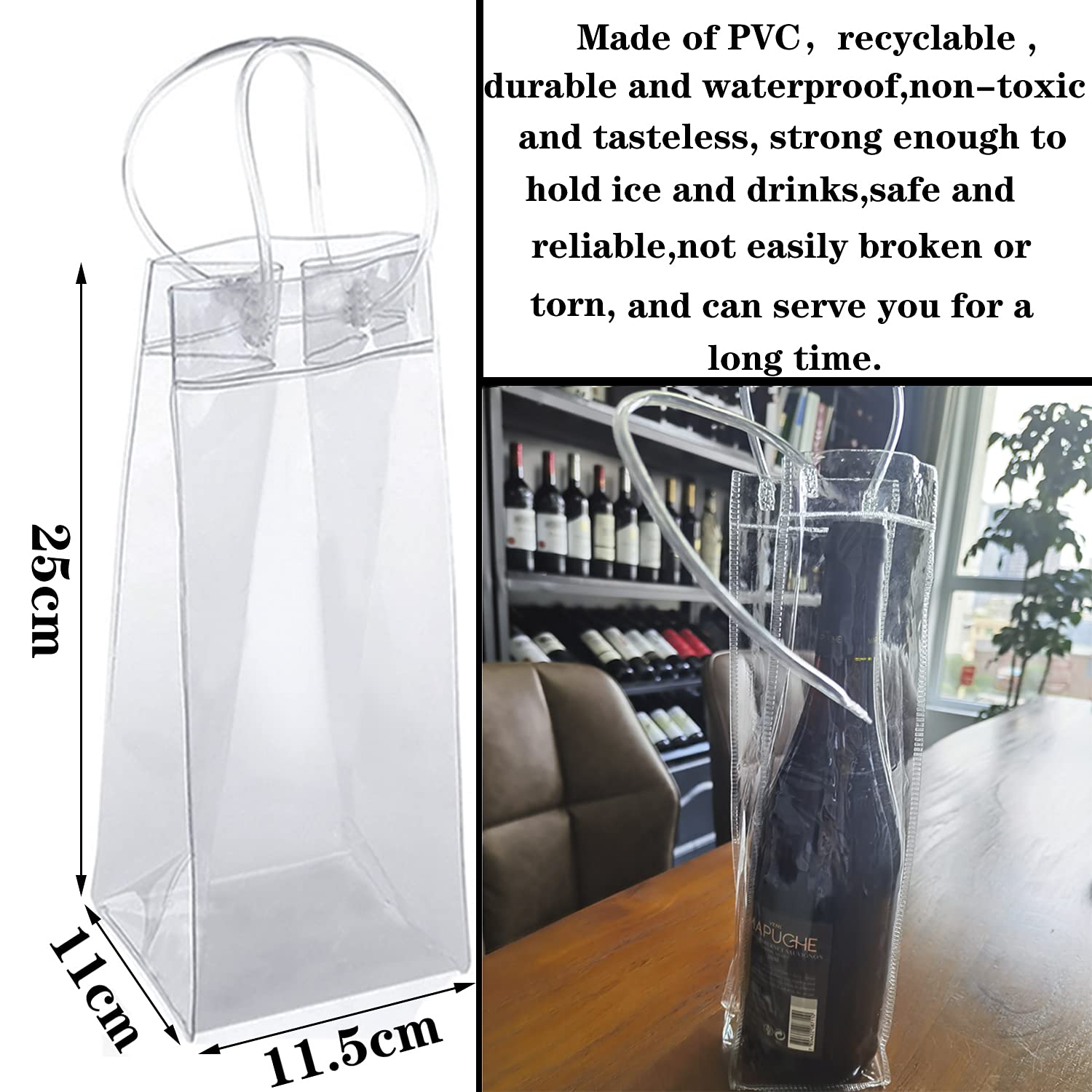OBPSFY 10 Pieces Ice Wine Bag, Clear Portable Collapsible Wine Cooler Bags with Handle, PVC Wine Pouch Bags for Champagne Cold Beer White Wine Chilled Beverages