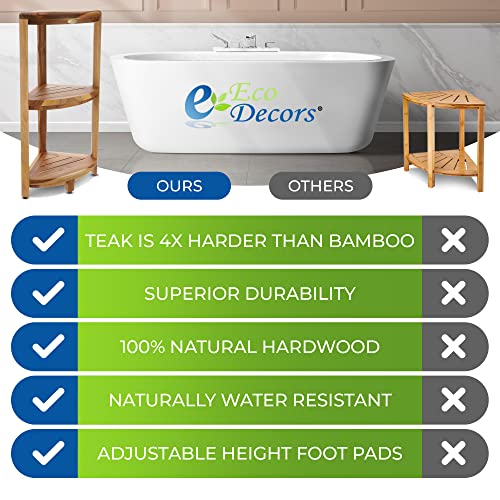 EcoDecors Snazzy Corner Teak Shower Corner Shelf 33" Radius 18β Tall Natural Wood Corner Shower Seat Spa Bench with Shelf Corner Stool for Shower in Earthy Teak Finish