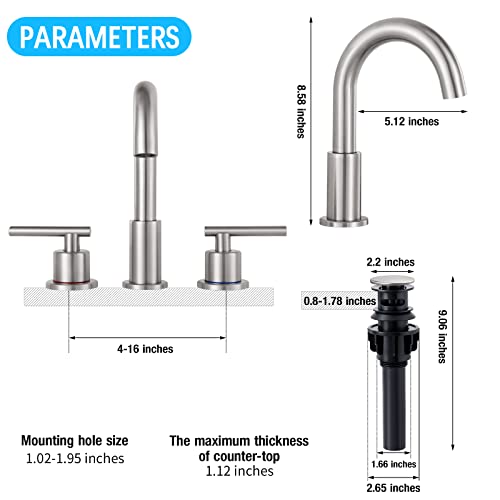 FGKQ Bathroom Faucet for Sink 3 Hole, 8 inch Widespread Bathroom Faucet, 2 Handle High Arc Bathroom Sink Faucets with Pop-Up Drain and Water Supply Lines, Brushed Nickel