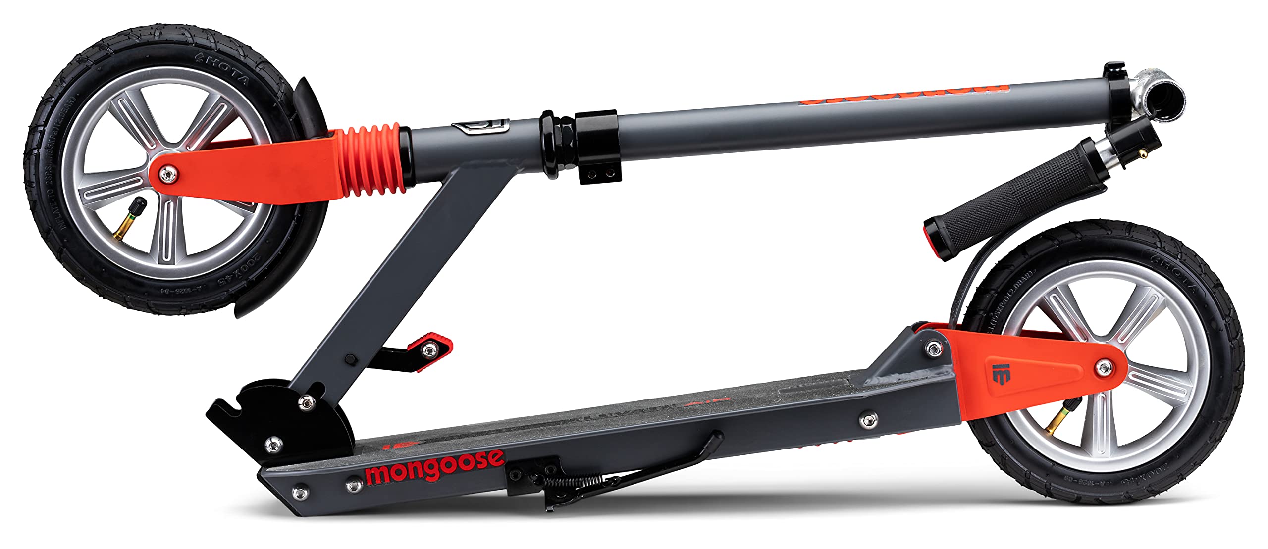 Mongoose Elevate Duo Air Youth/Adult Folding Kick Scooter, Air Filled Tires, Ages 8 Years and Up, Kickstand, Max Rider Weight 220 Pounds, Grey/Red