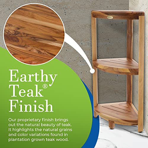 EcoDecors Snazzy Corner Teak Shower Corner Shelf 33" Radius 18β Tall Natural Wood Corner Shower Seat Spa Bench with Shelf Corner Stool for Shower in Earthy Teak Finish