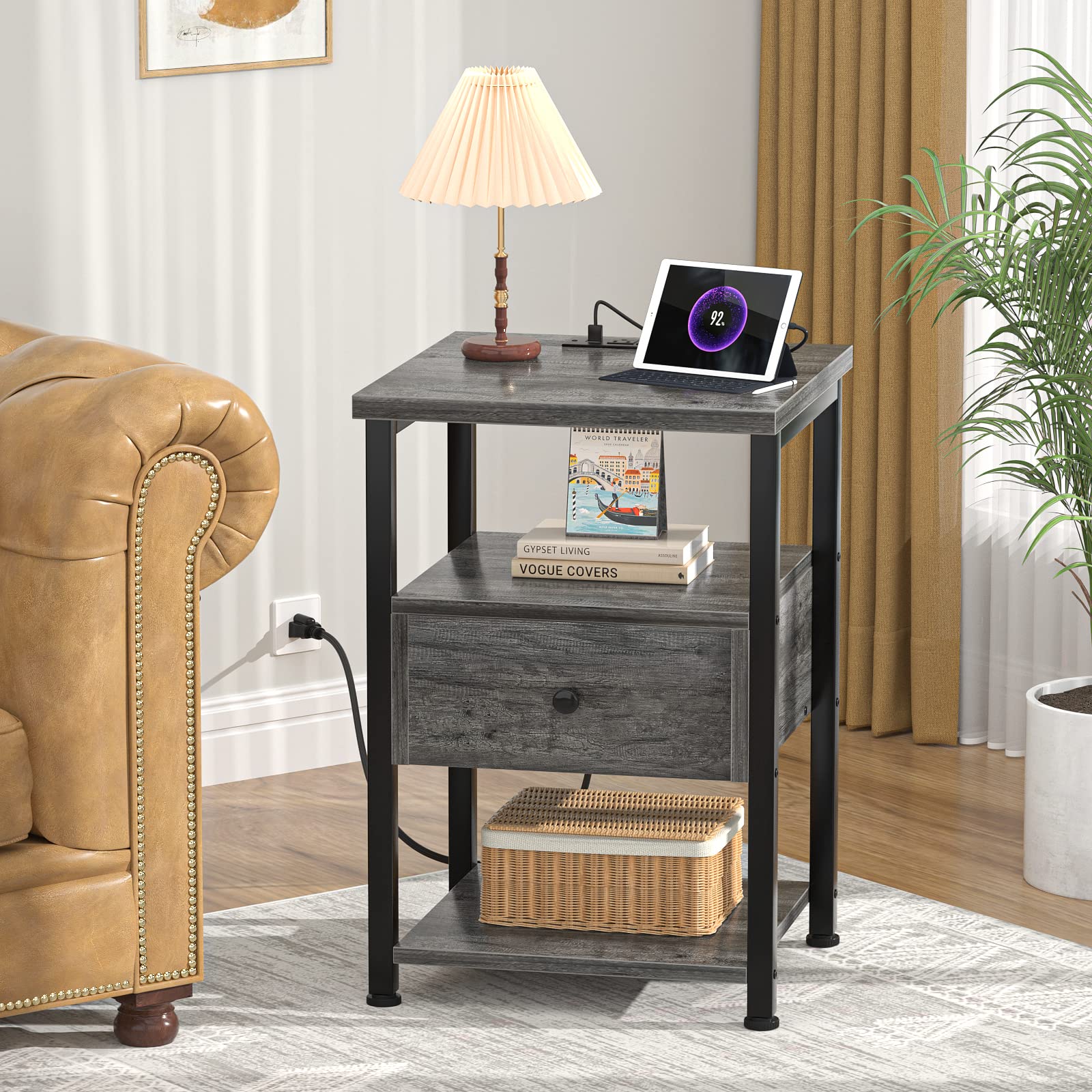 Ecoprsio Nightstand Set of 2, Nightstands with Charging Station, End Table Bedside Table with USB Port, Modern Nightstands with Drawers Storage Shelf, Wood Night Stands for Bedroom, Living Room, Grey