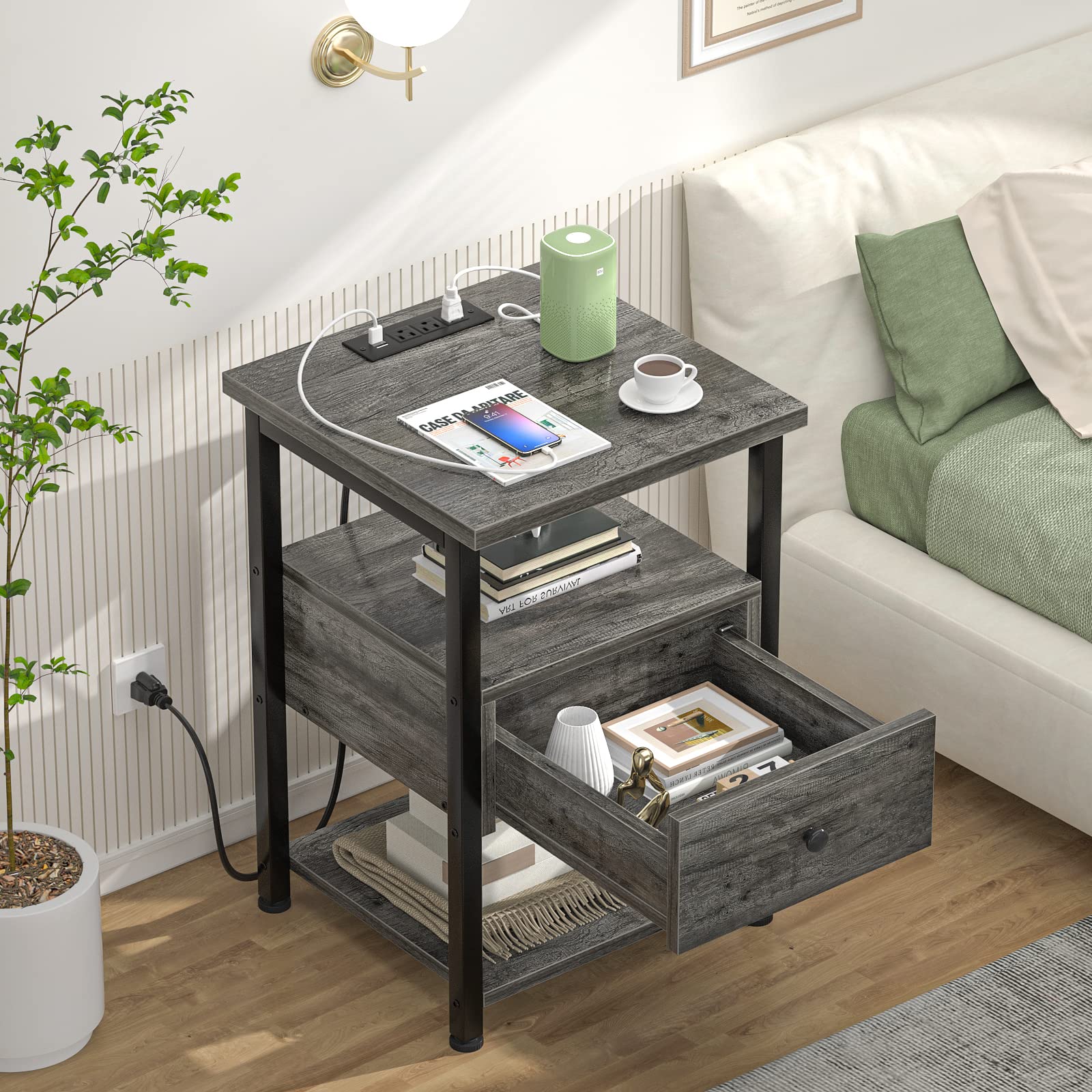 Ecoprsio Nightstand Set of 2, Nightstands with Charging Station, End Table Bedside Table with USB Port, Modern Nightstands with Drawers Storage Shelf, Wood Night Stands for Bedroom, Living Room, Grey