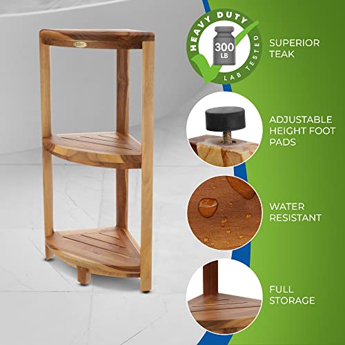 EcoDecors Snazzy Corner Teak Shower Corner Shelf 33" Radius 18β Tall Natural Wood Corner Shower Seat Spa Bench with Shelf Corner Stool for Shower in Earthy Teak Finish