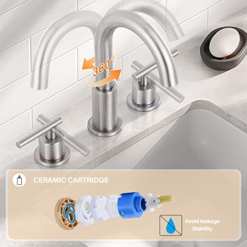FGKQ Bathroom Faucet for Sink 3 Hole, 8 inch Widespread Bathroom Faucet, 2 Handle High Arc Bathroom Sink Faucets with Pop-Up Drain and Water Supply Lines, Brushed Nickel