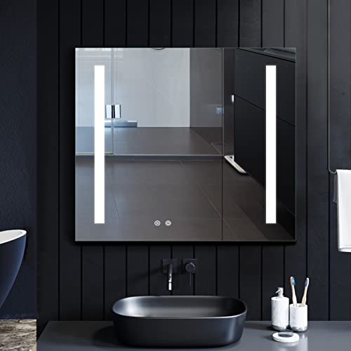 WELLFOR Bathroom LED Mirrored Cabinet with Adjustable Shelves, Dimmer, Outlets & USB Ports, Defog, Wall Bathroom Medicine Cabinet, Bathroom Mirror, Recessed or Surface, Double Opening Doors, 30" X 30"