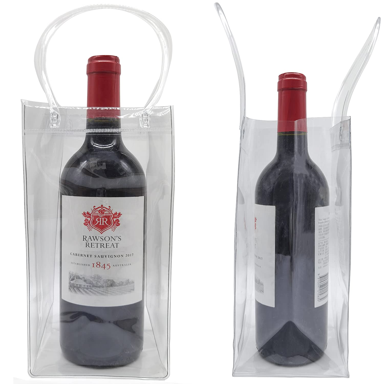 OBPSFY 10 Pieces Ice Wine Bag, Clear Portable Collapsible Wine Cooler Bags with Handle, PVC Wine Pouch Bags for Champagne Cold Beer White Wine Chilled Beverages