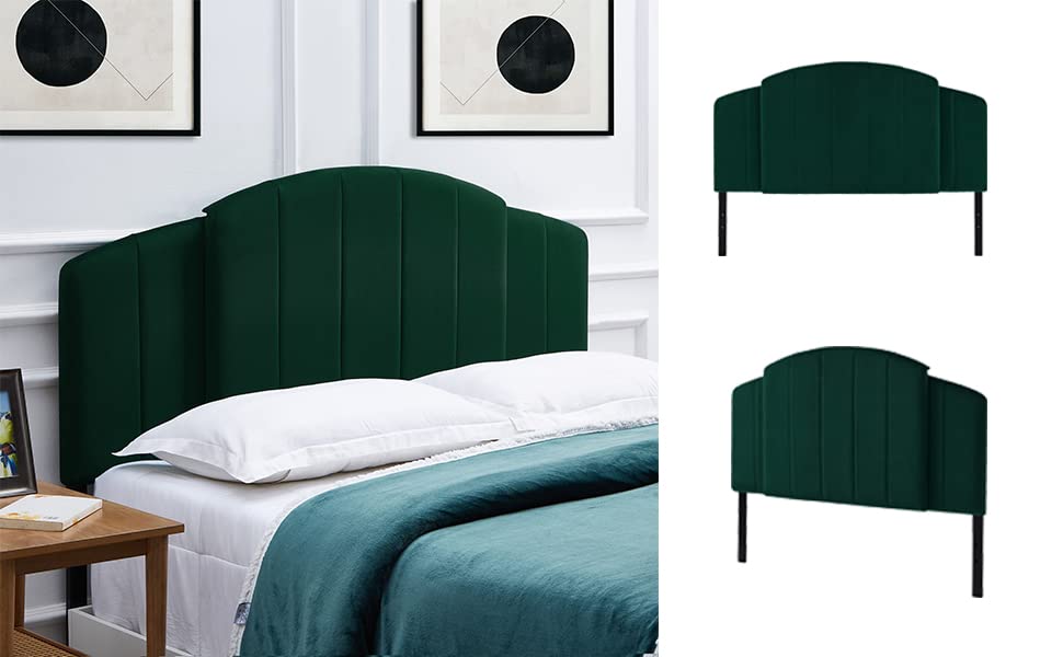 Ball&Cast Bed Headboard Velvet Upholsted Curved Top Design Full/Queen/King Size 3 in 1,Heights from 37 to 49 inch Adjustable Emerald Green Set of 1