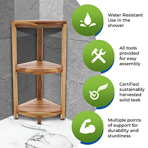 EcoDecors Snazzy Corner Teak Shower Corner Shelf 33" Radius 18β Tall Natural Wood Corner Shower Seat Spa Bench with Shelf Corner Stool for Shower in Earthy Teak Finish