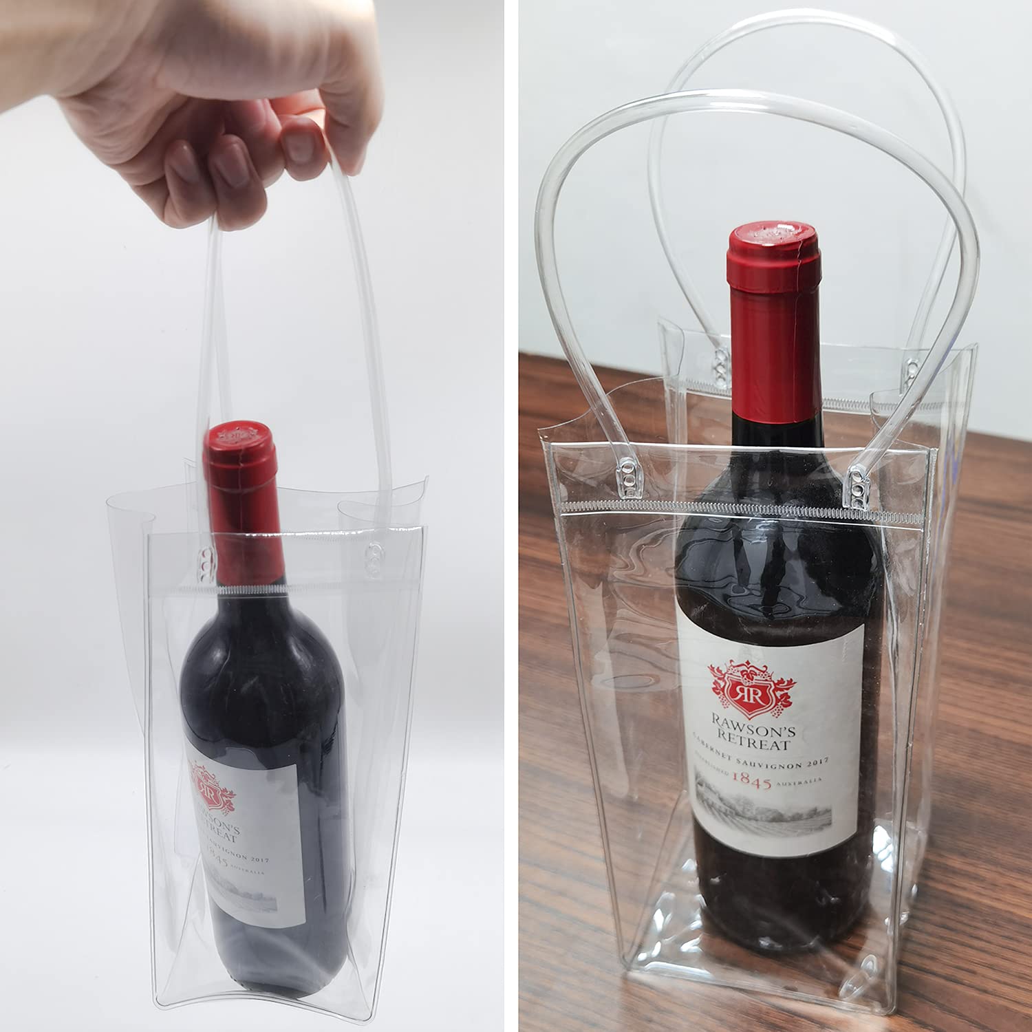 OBPSFY 10 Pieces Ice Wine Bag, Clear Portable Collapsible Wine Cooler Bags with Handle, PVC Wine Pouch Bags for Champagne Cold Beer White Wine Chilled Beverages