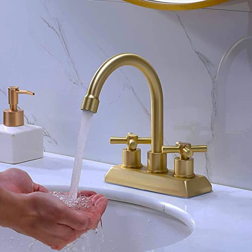 VAPSINT 2 Handle 4 Inch Centerset Brushed Gold Bathroom Faucet,Modern Commercial 2 Hole Gold Bathroom Sink Faucet,Laundry Basin Vanity Sink Faucet with Supply Lines and Pop up Drain Combo