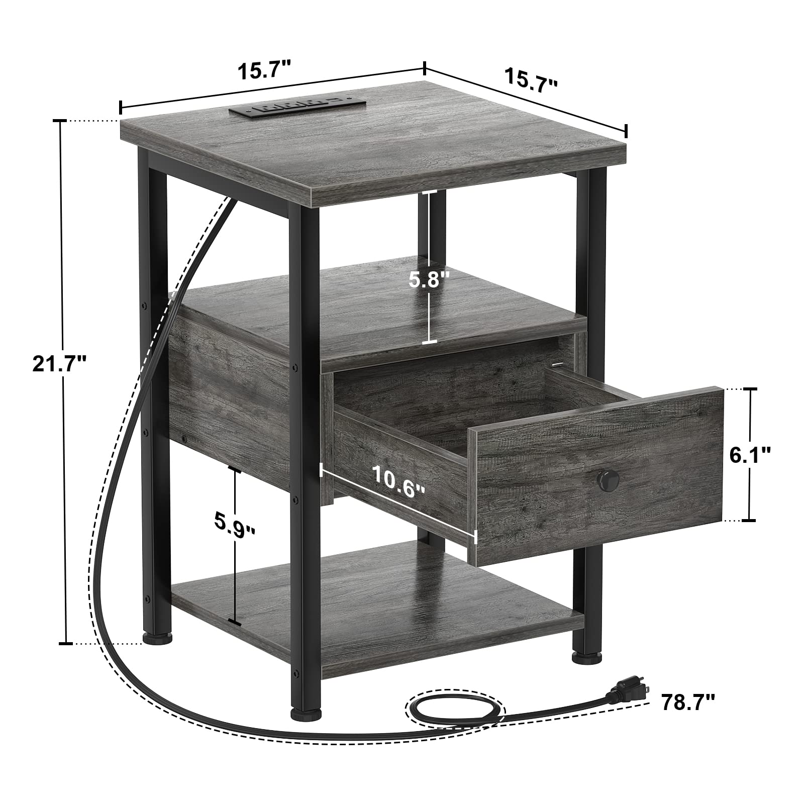 Ecoprsio Nightstand Set of 2, Nightstands with Charging Station, End Table Bedside Table with USB Port, Modern Nightstands with Drawers Storage Shelf, Wood Night Stands for Bedroom, Living Room, Grey