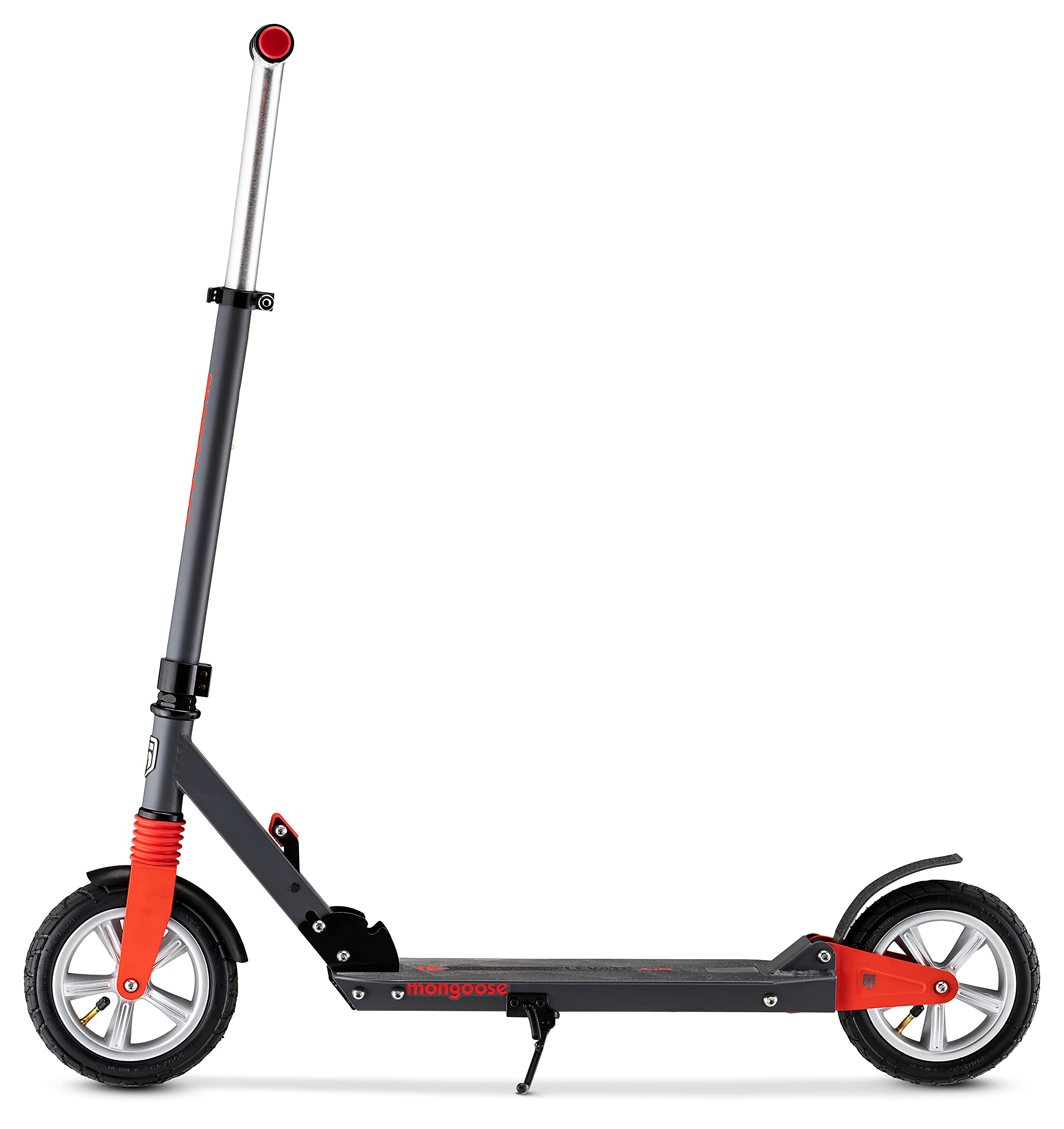 Mongoose Elevate Duo Air Youth/Adult Folding Kick Scooter, Air Filled Tires, Ages 8 Years and Up, Kickstand, Max Rider Weight 220 Pounds, Grey/Red