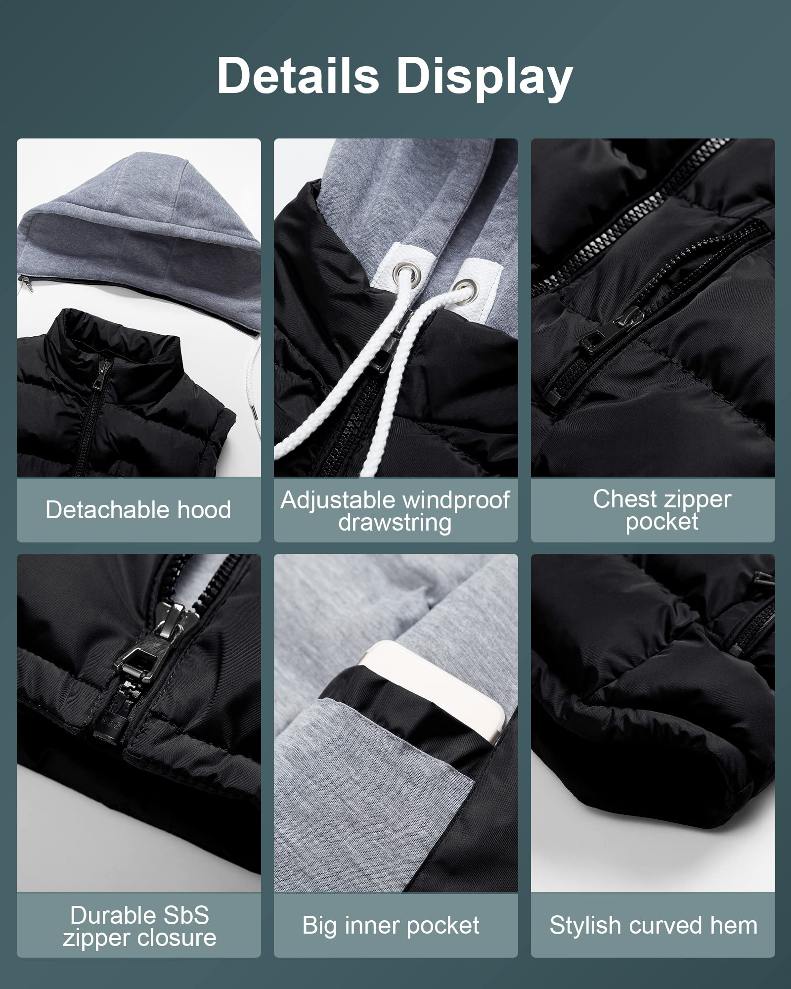 CREATMO US Women's Warm Winter Vest Thick Padded Puffer Vest Waistcoat With Detachable Hood Black L