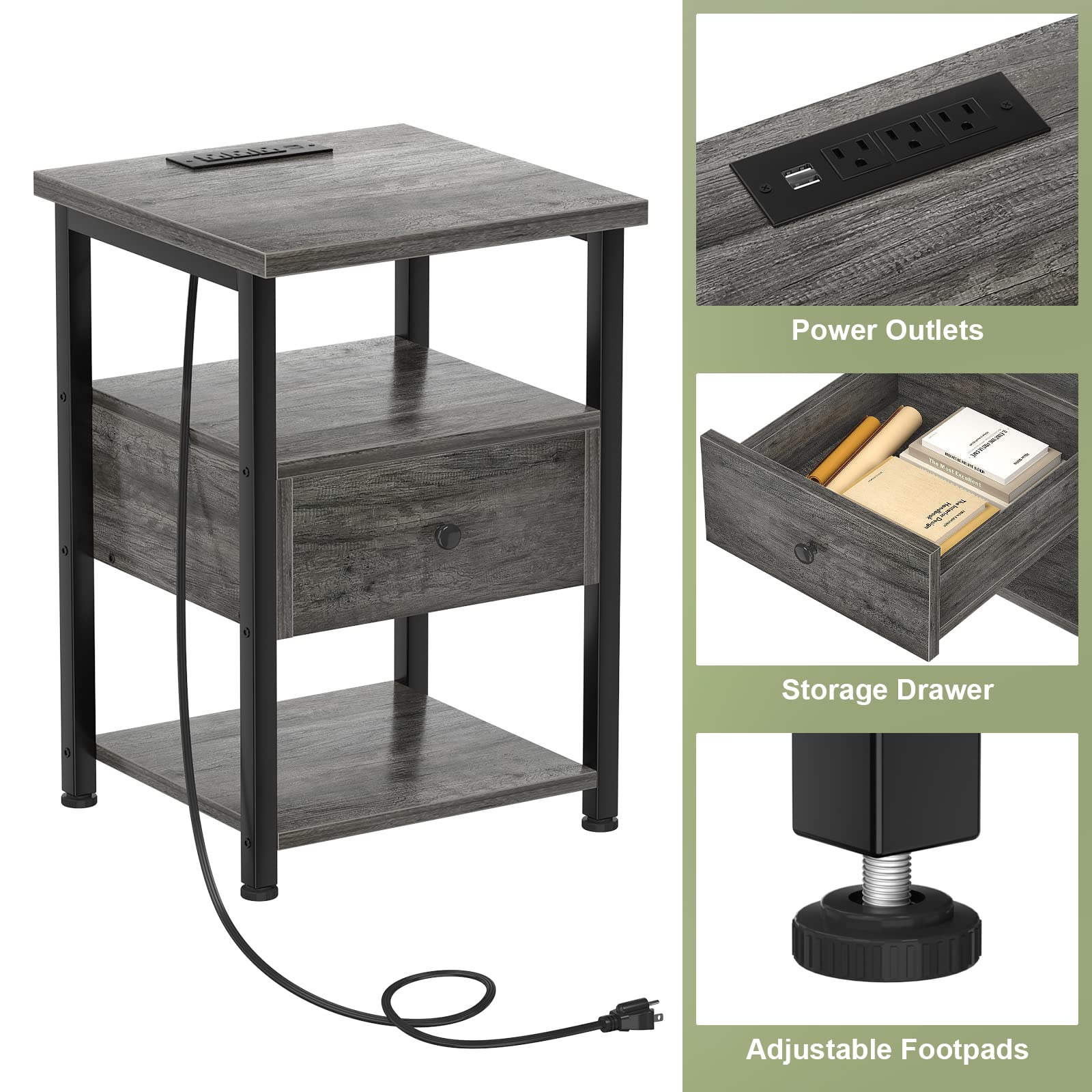 Ecoprsio Nightstand Set of 2, Nightstands with Charging Station, End Table Bedside Table with USB Port, Modern Nightstands with Drawers Storage Shelf, Wood Night Stands for Bedroom, Living Room, Grey